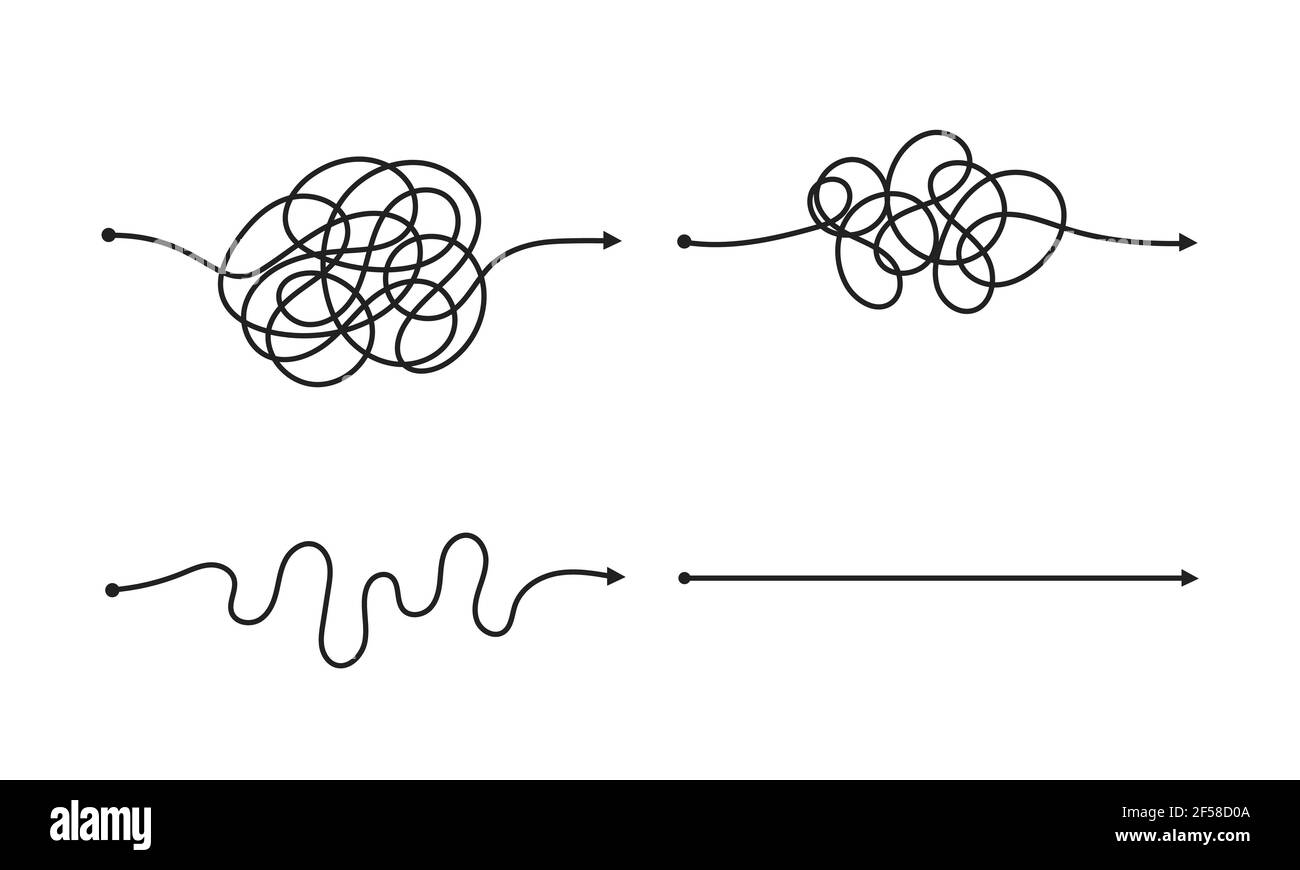 Complex and easy simple way from start to end vector illustration set. Chaos simplifying ...