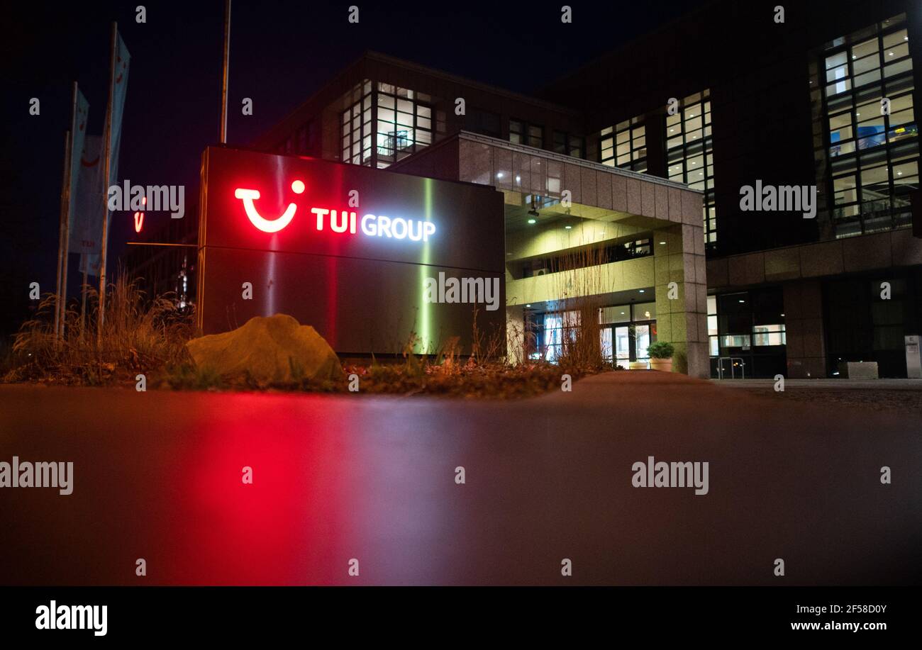 Hanover, Germany. 24th Mar, 2021. The Tui lettering lights up at the ...