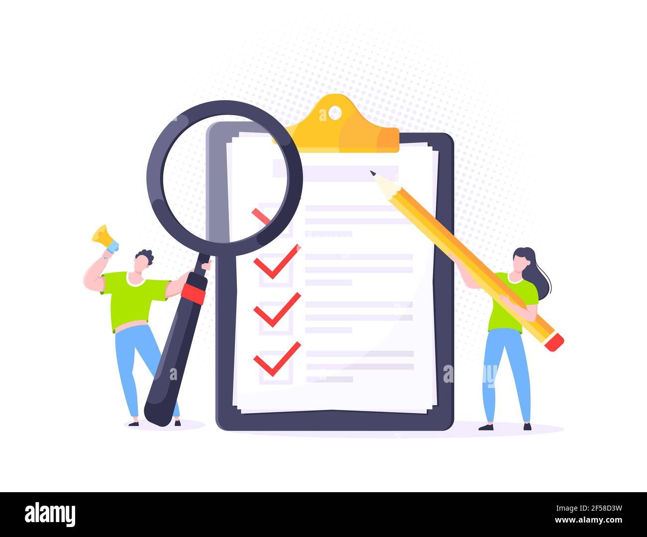 Checklist complete business concept tiny people with pencil, magnifying ...