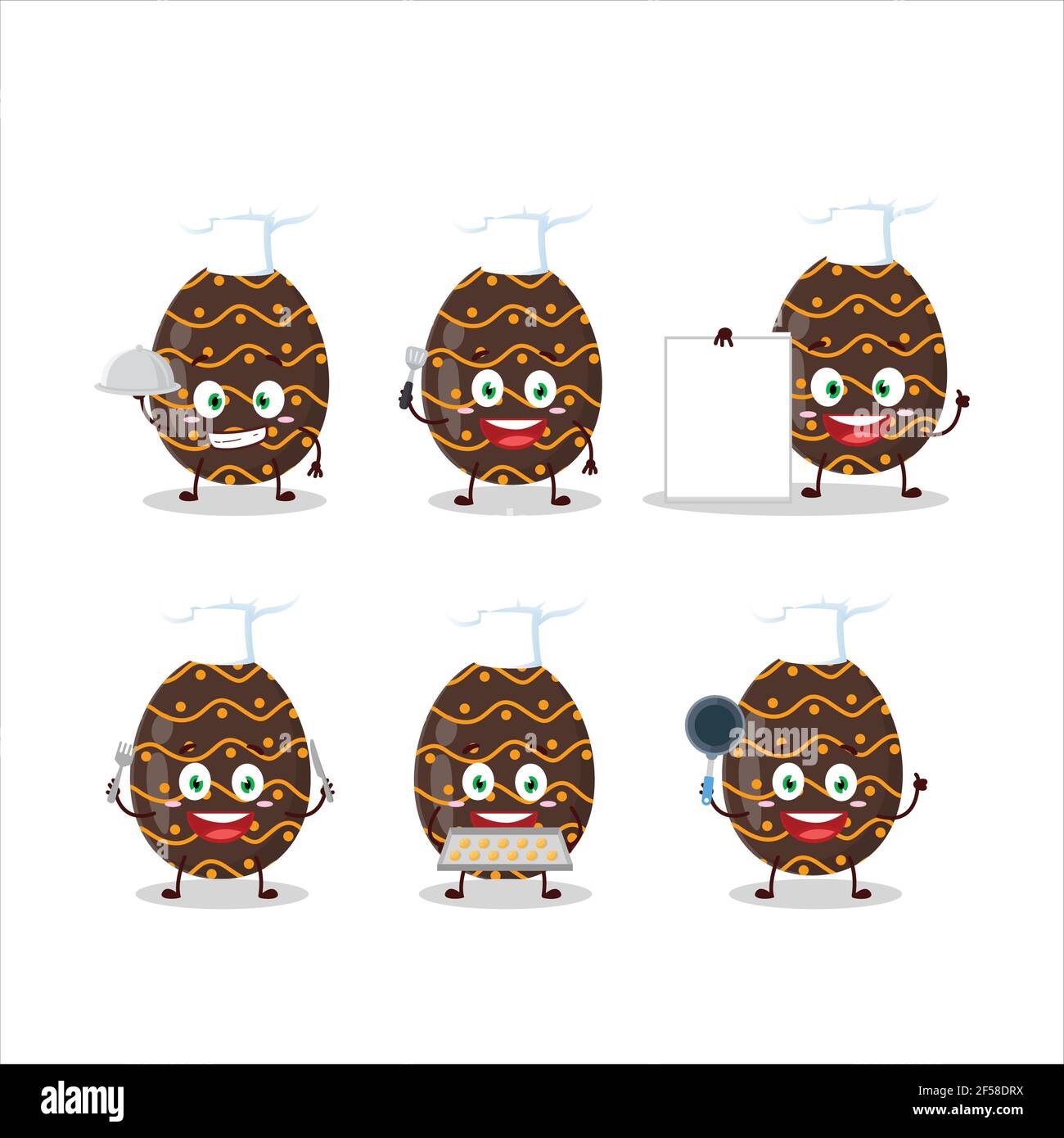 Cartoon character of deep brown easter egg with various chef emoticons ...
