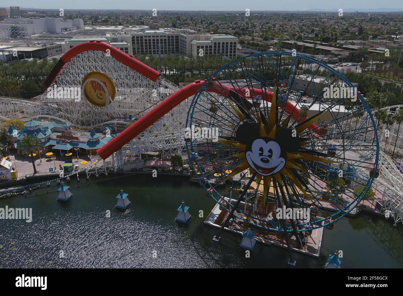An aerial view of Mickey's Fun Wheel and the Indricoaster roller ...