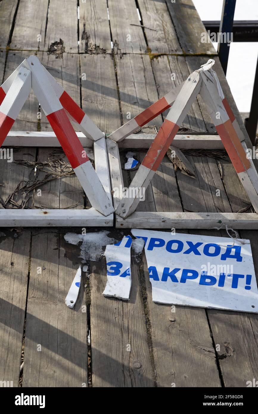 Pyramid-shaped forbidding signs and a board with the inscription in ...