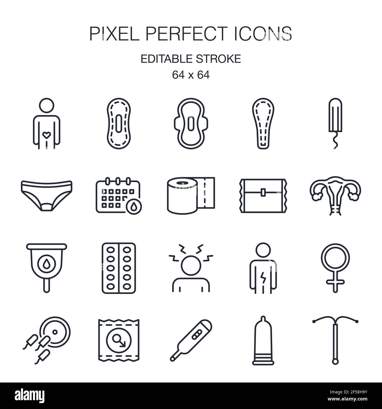 Menstrual cycle and contraception related editable stroke outline icons ...