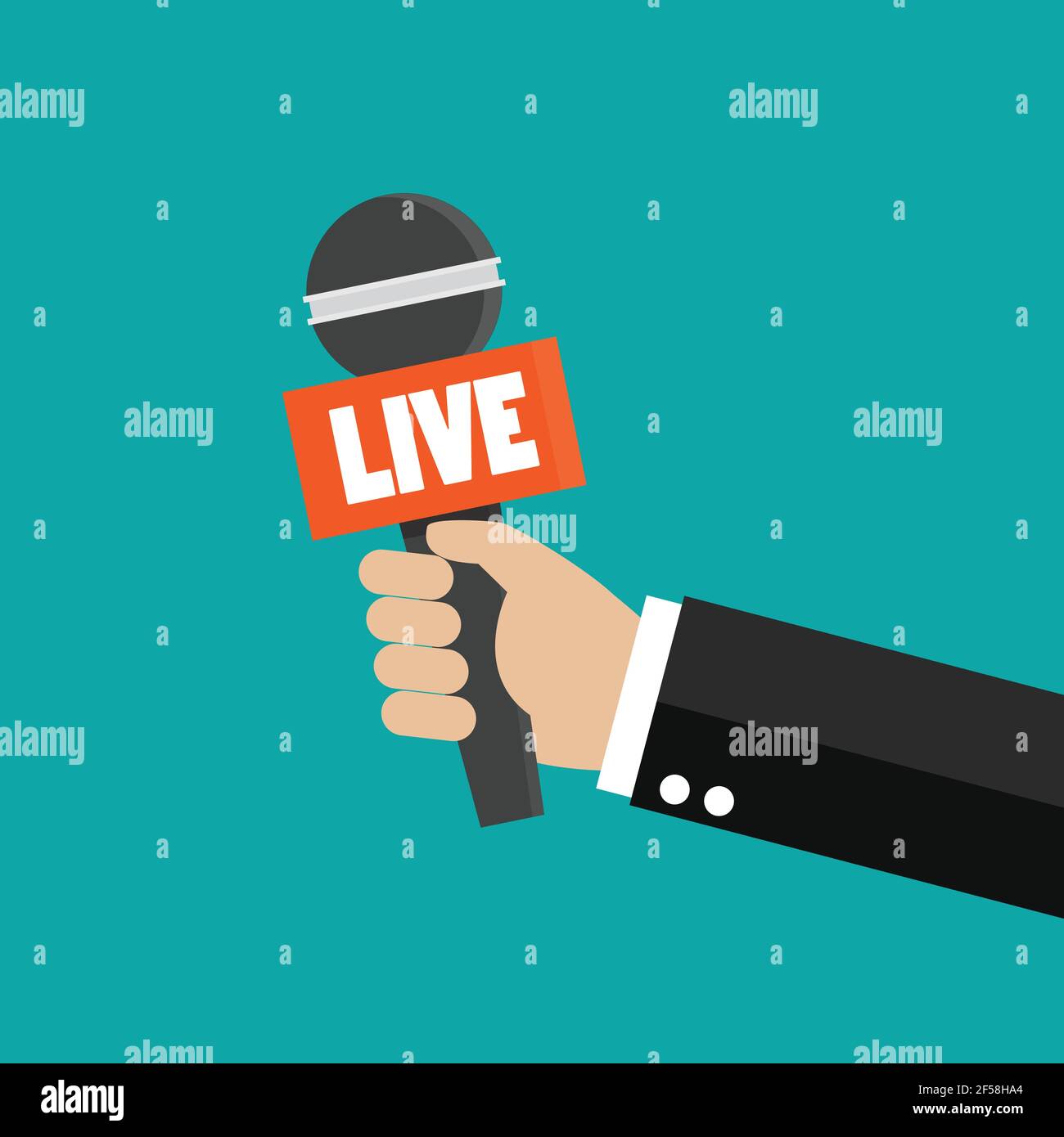 Journalist hand holding microphones performing interview. Vector ...