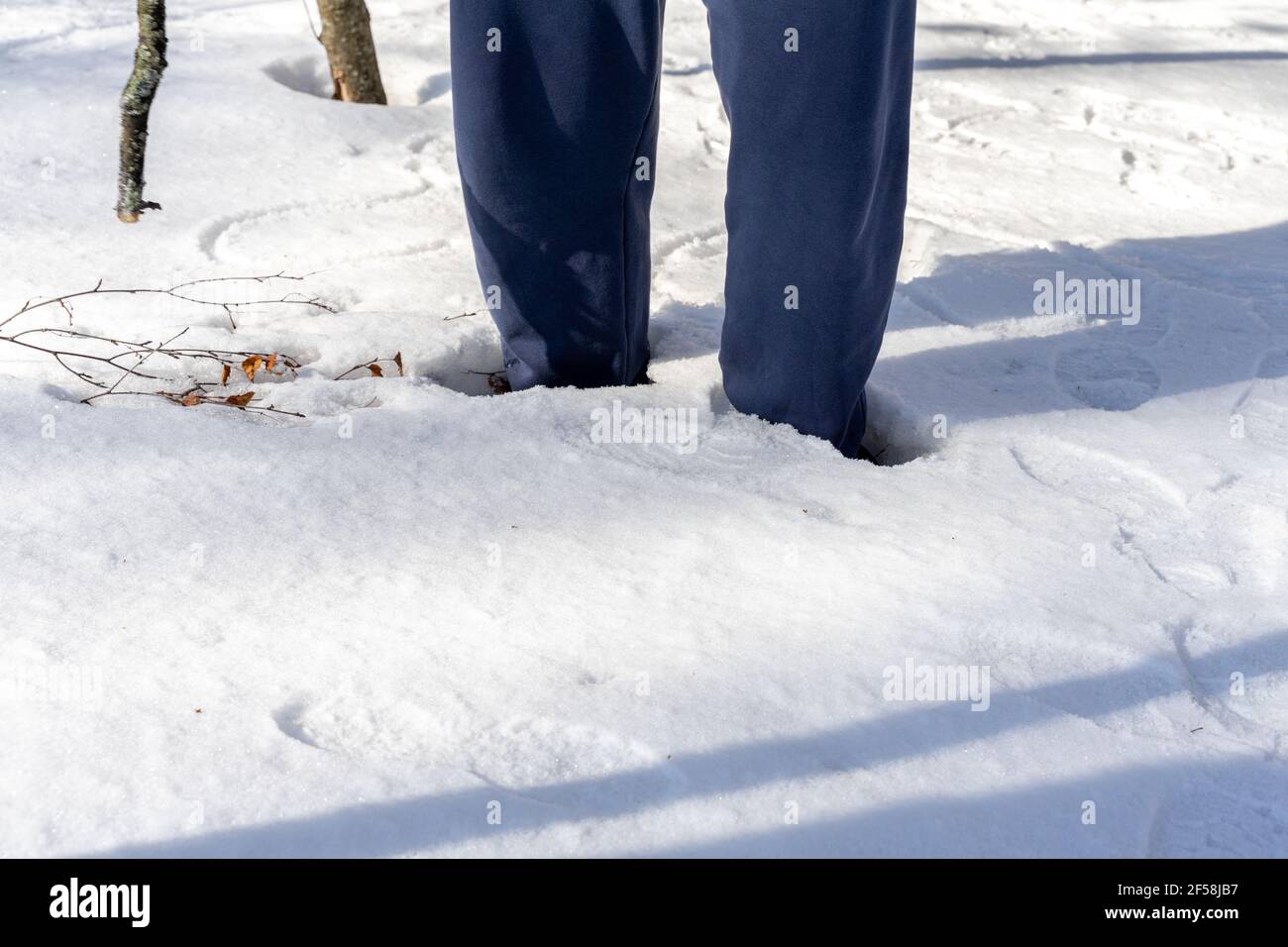 the man fell into a snowdrift. legs close up. high snow level. knee ...