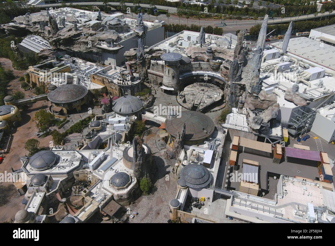 An aerial view of Star Wars: Galaxy's Edge at Disneyland Park ...