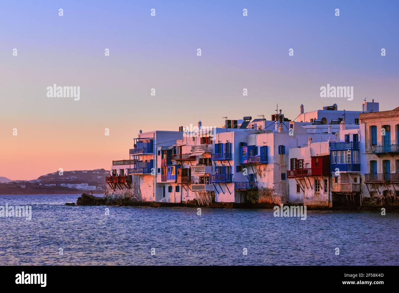 Beautiful sunset view of Little Venice in Mykonos, Greece. Romantic ...