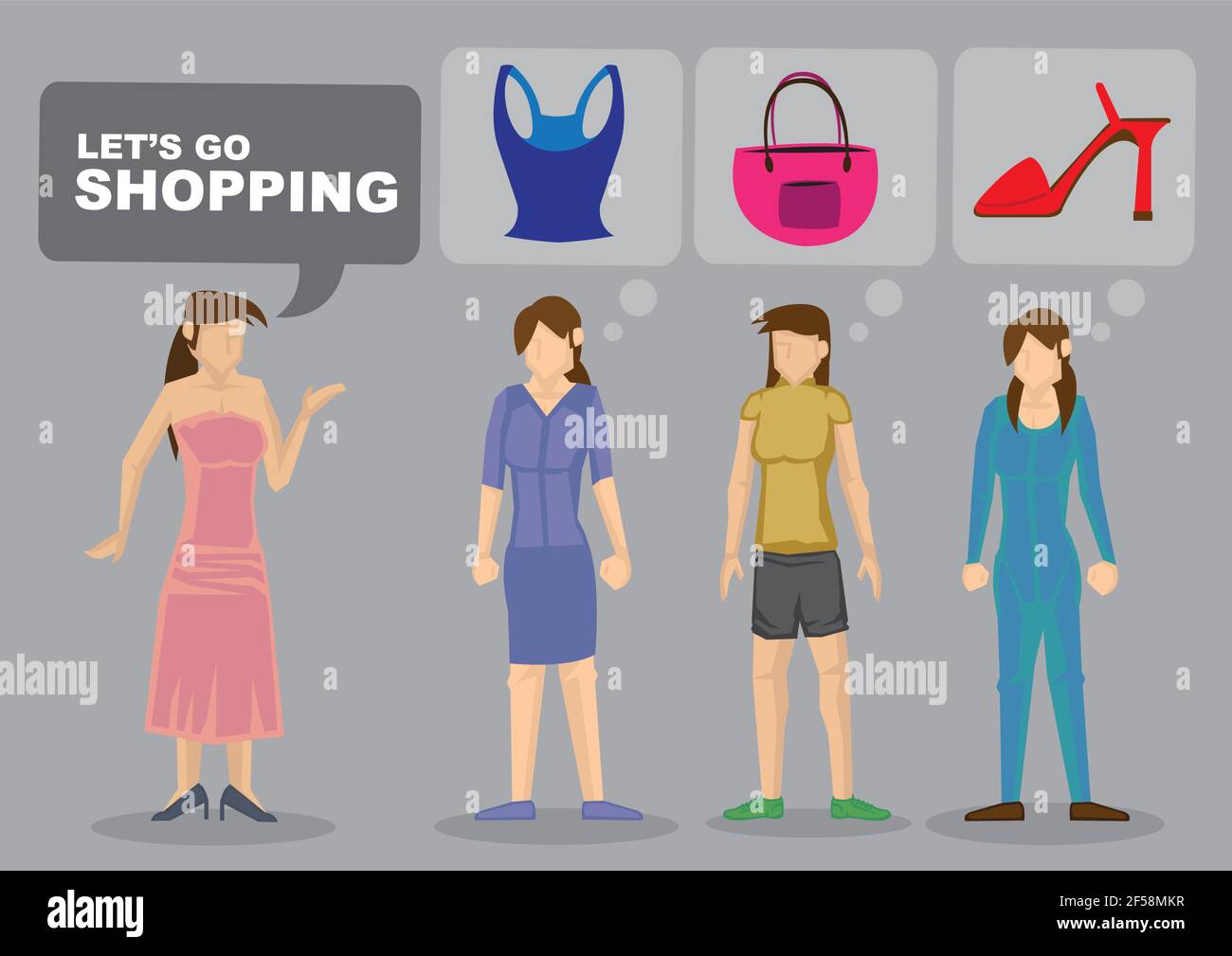 Cartoon woman suggest going shopping and others are thinking of items ...