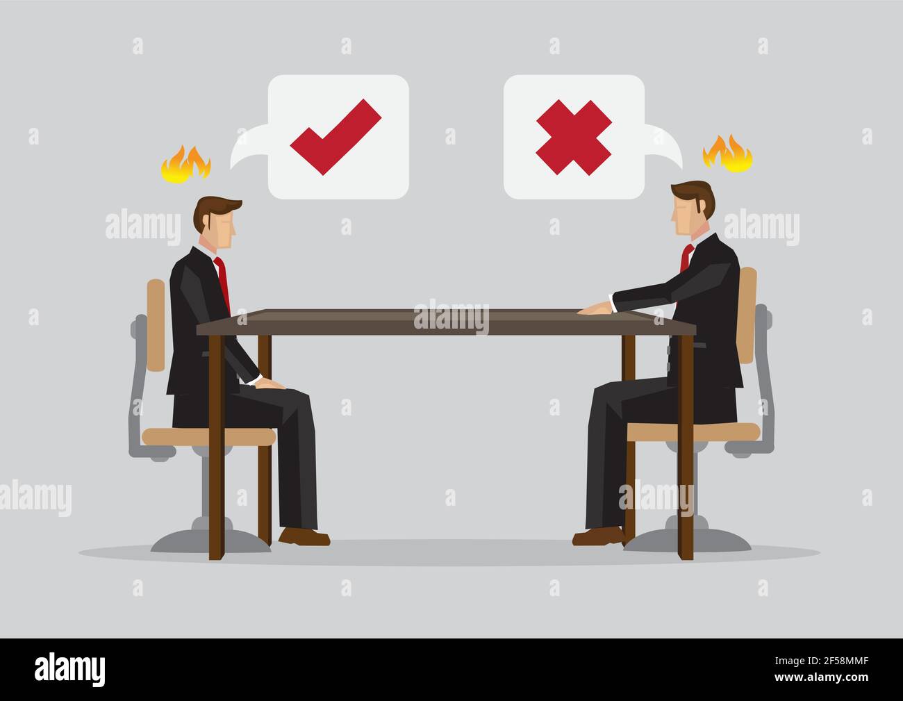 Two cartoon professionals cannot meet eye to eye in business meeting ...