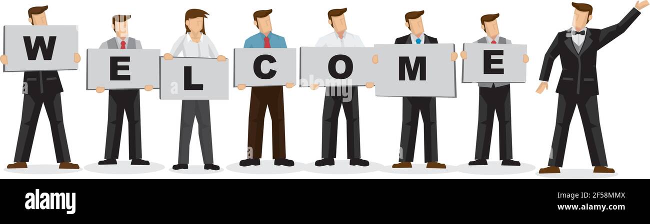 Illustration of business people holding white board cards title welcome ...