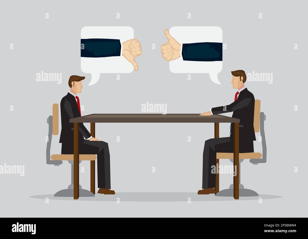 Two cartoon professionals cannot meet eye to eye in business meeting ...