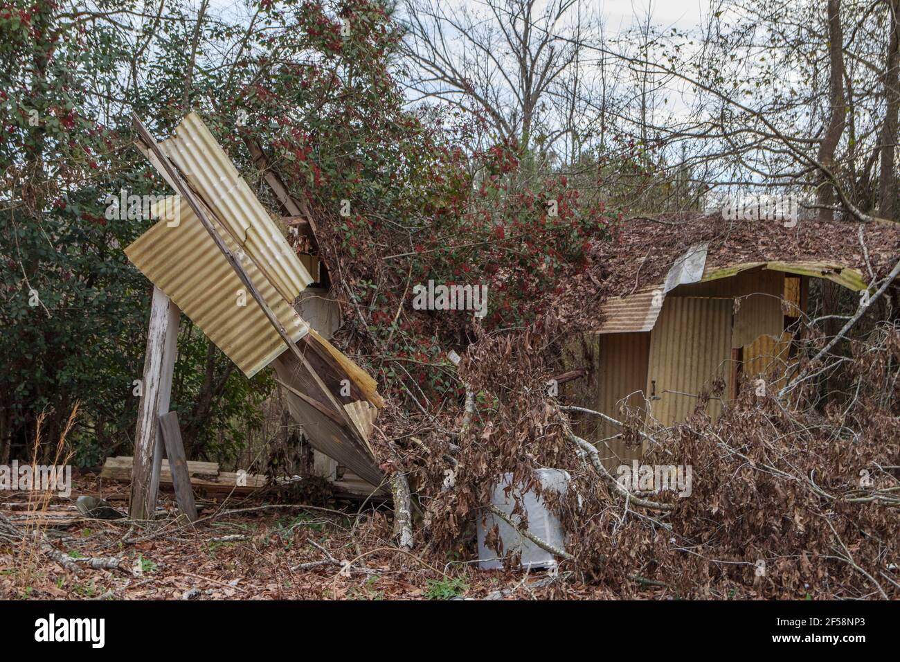 Augusta, Ga USA - 03 06 21: Damaged structure twisted metal and waste ...