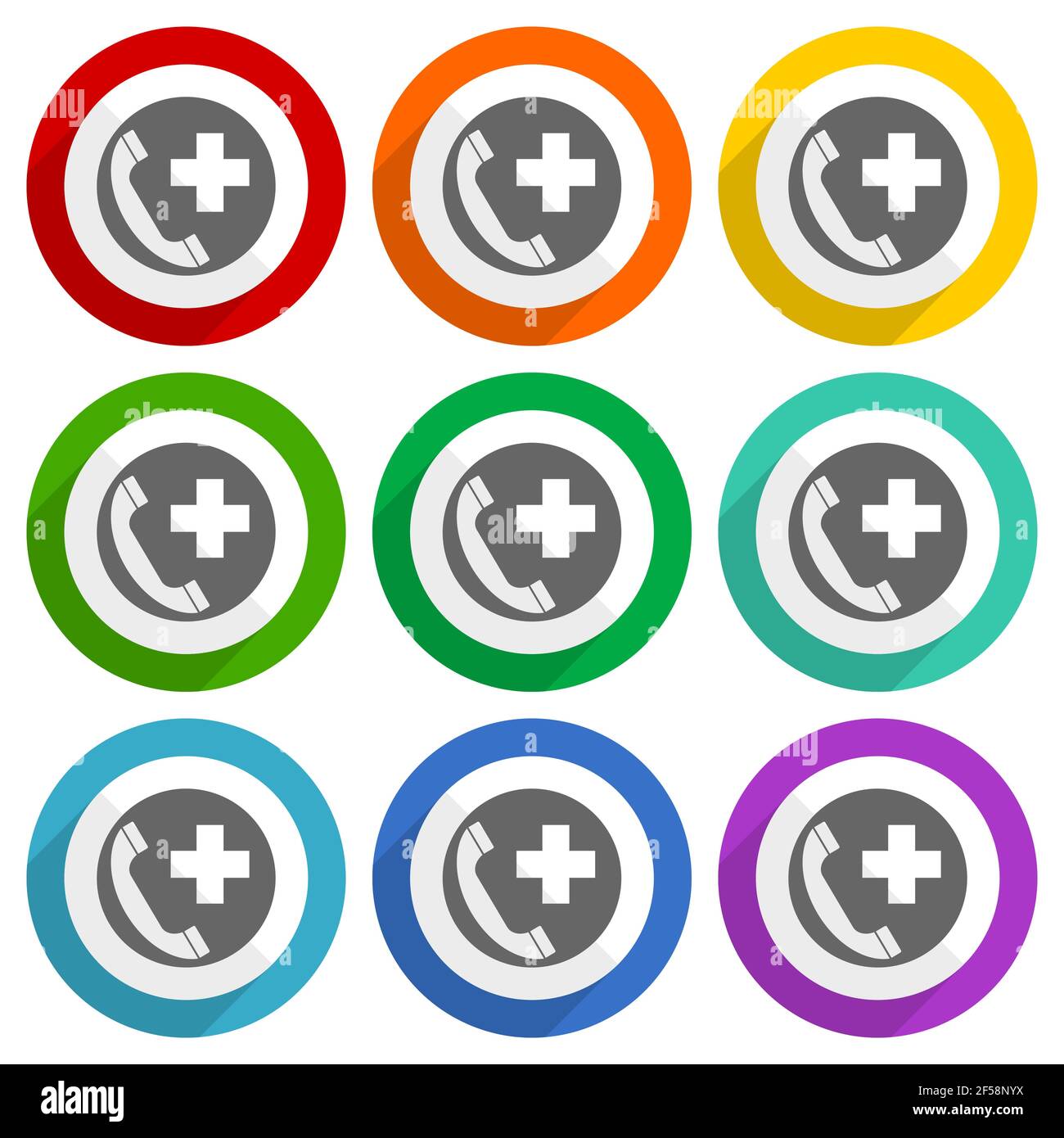 Emergency call vector icons, set of colorful flat design buttons for ...