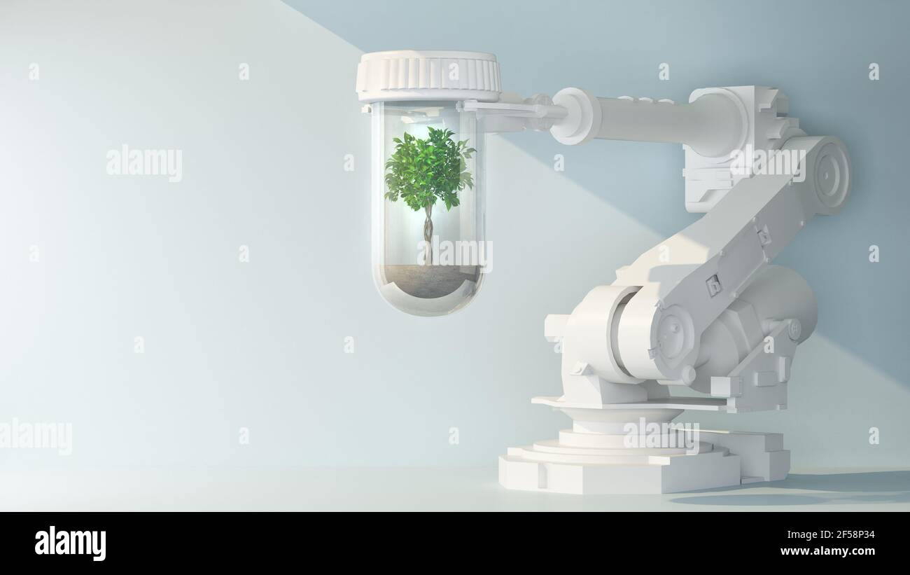 concept robotic arm holding capsule with small tree. 3d rendering Stock ...