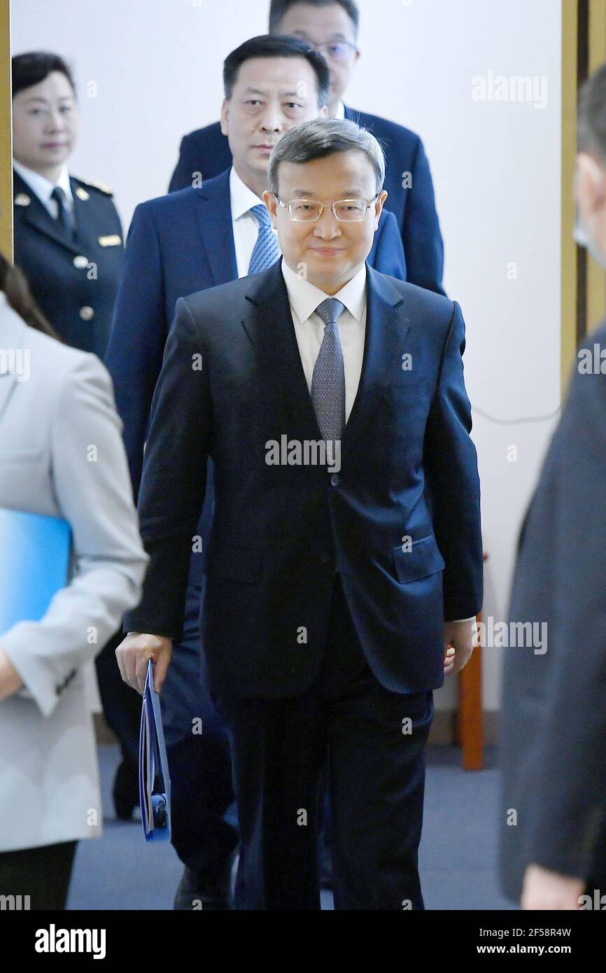 Beijing, China. March 25 2021: Chinese Vice Minister of Commerce Wang Shouwen prepares to attend ...