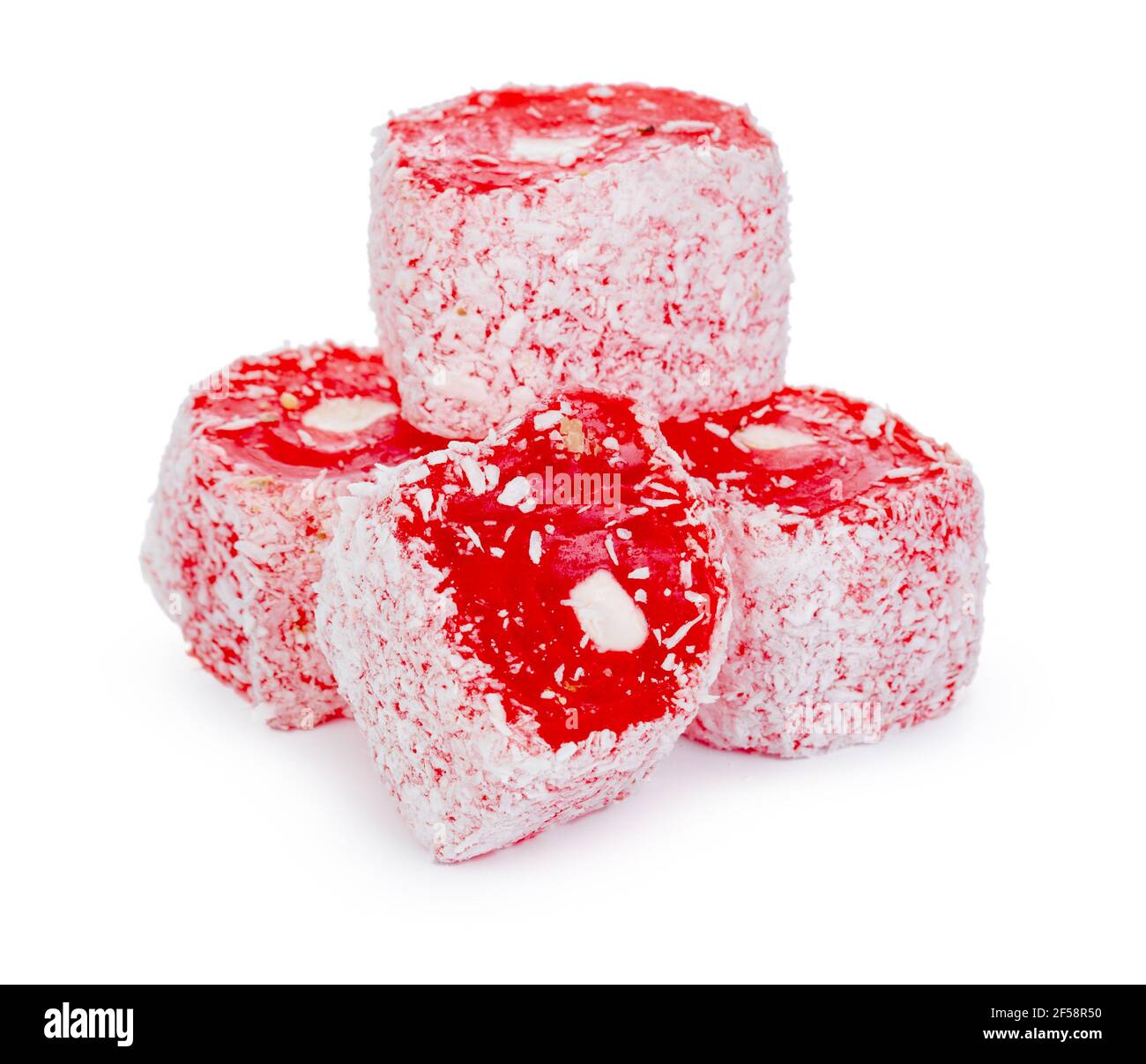 Close up of red Turkish Delight sweets isolated on white Stock Photo ...