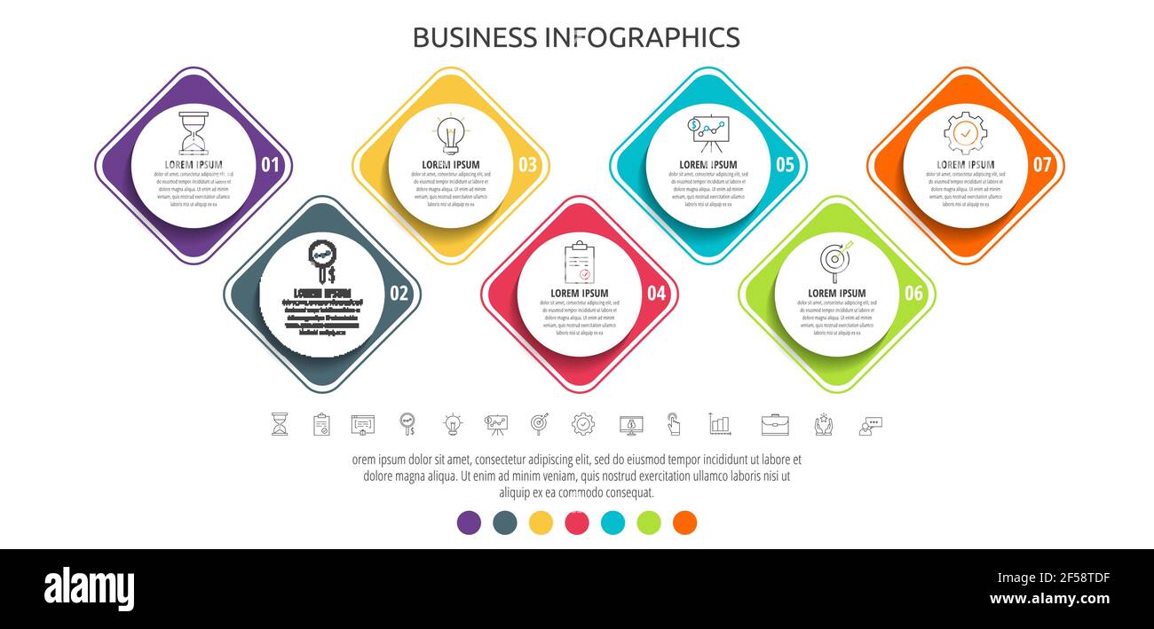 Modern and simple flat vector circles infographic with 7 steps, rhombus ...