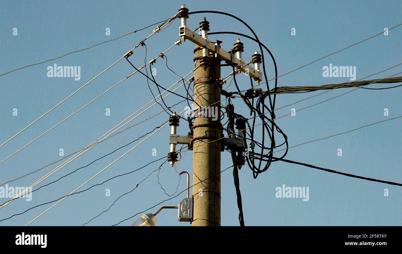 concrete electric pillar with wires & lamp Stock Photo - Alamy
