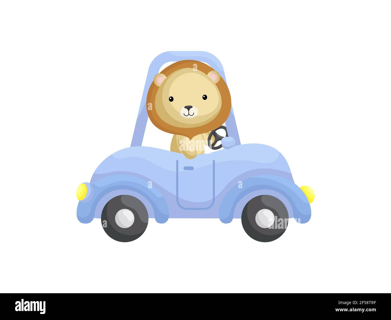 Cute little lion driving blue car. Cartoon character for childrens book ...