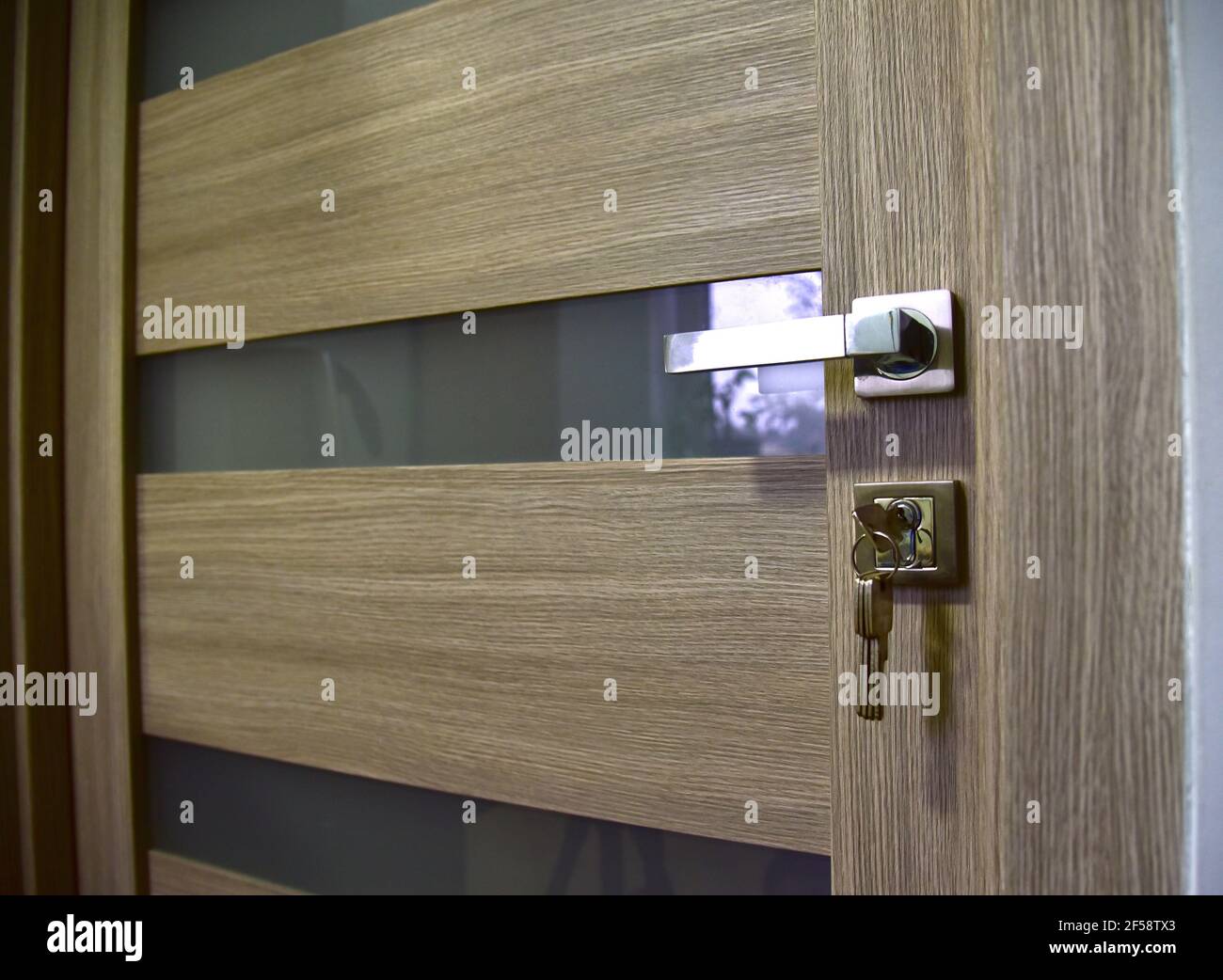Home door with lock and key closed in room. Keys in the chrome lock in ...