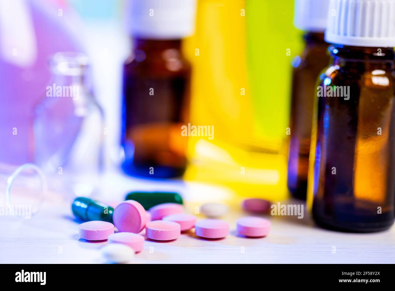 Many vials of chemicals and tablets. Pharmaceutical industry. Health ...