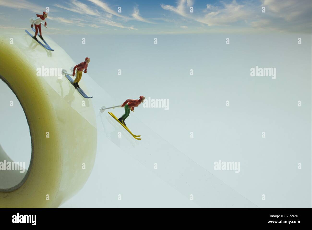 Closeup shot of small figures of skiers jumping from a height Stock ...