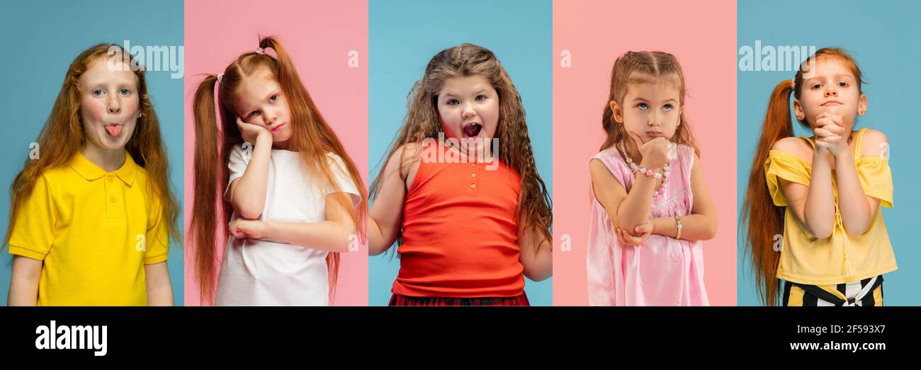 Young and happy kids gesturing isolated on multicolored studio ...