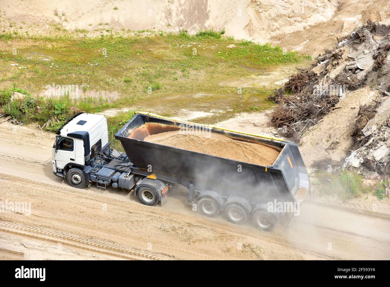 Dump truck transports sand in open pit mine. In the production of ...