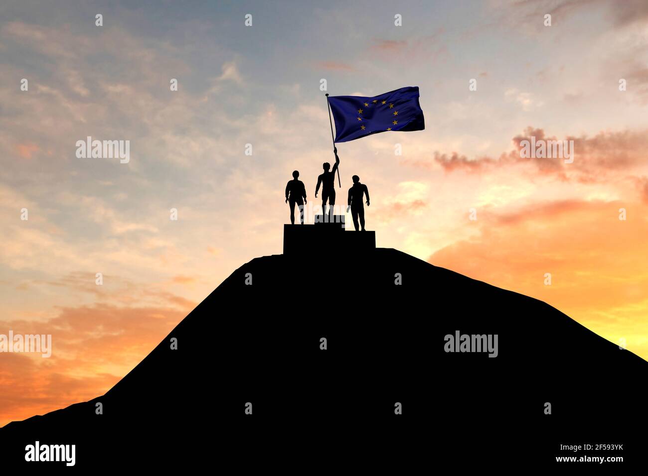 European Union flag being waved on top of a winners podium. 3D ...
