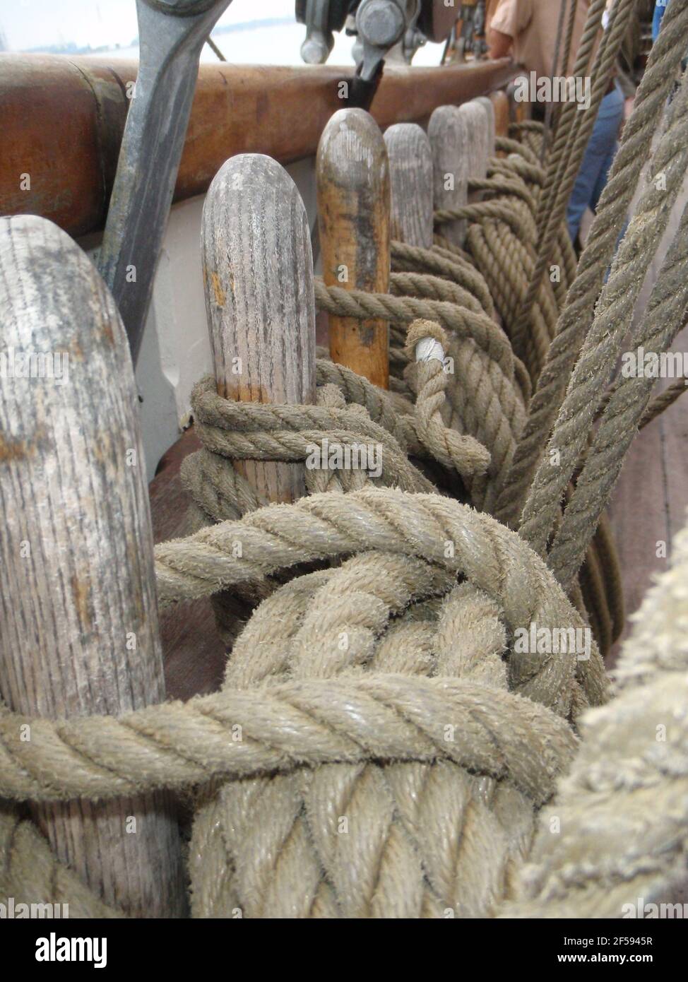 Sailing boat sheets tied up around pins, rope, coils Stock Photo - Alamy