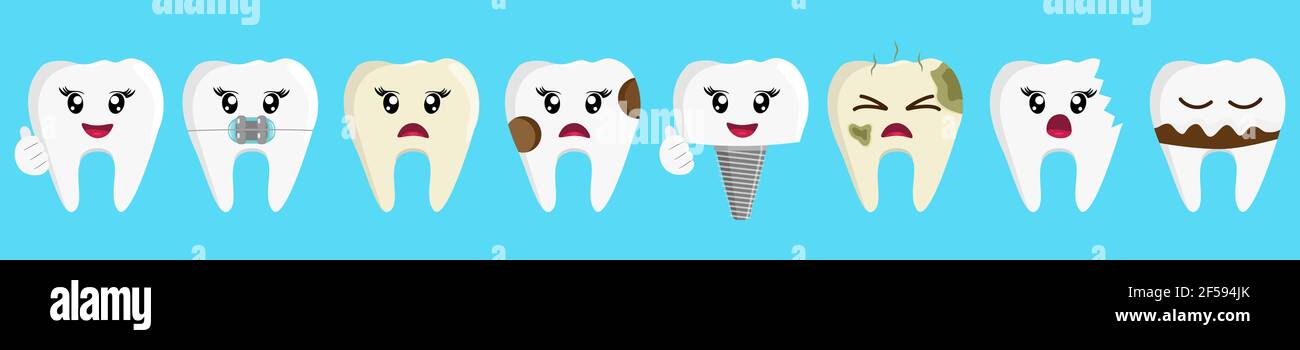 Set of cartoon teeth, healthy and with different dental problems ...