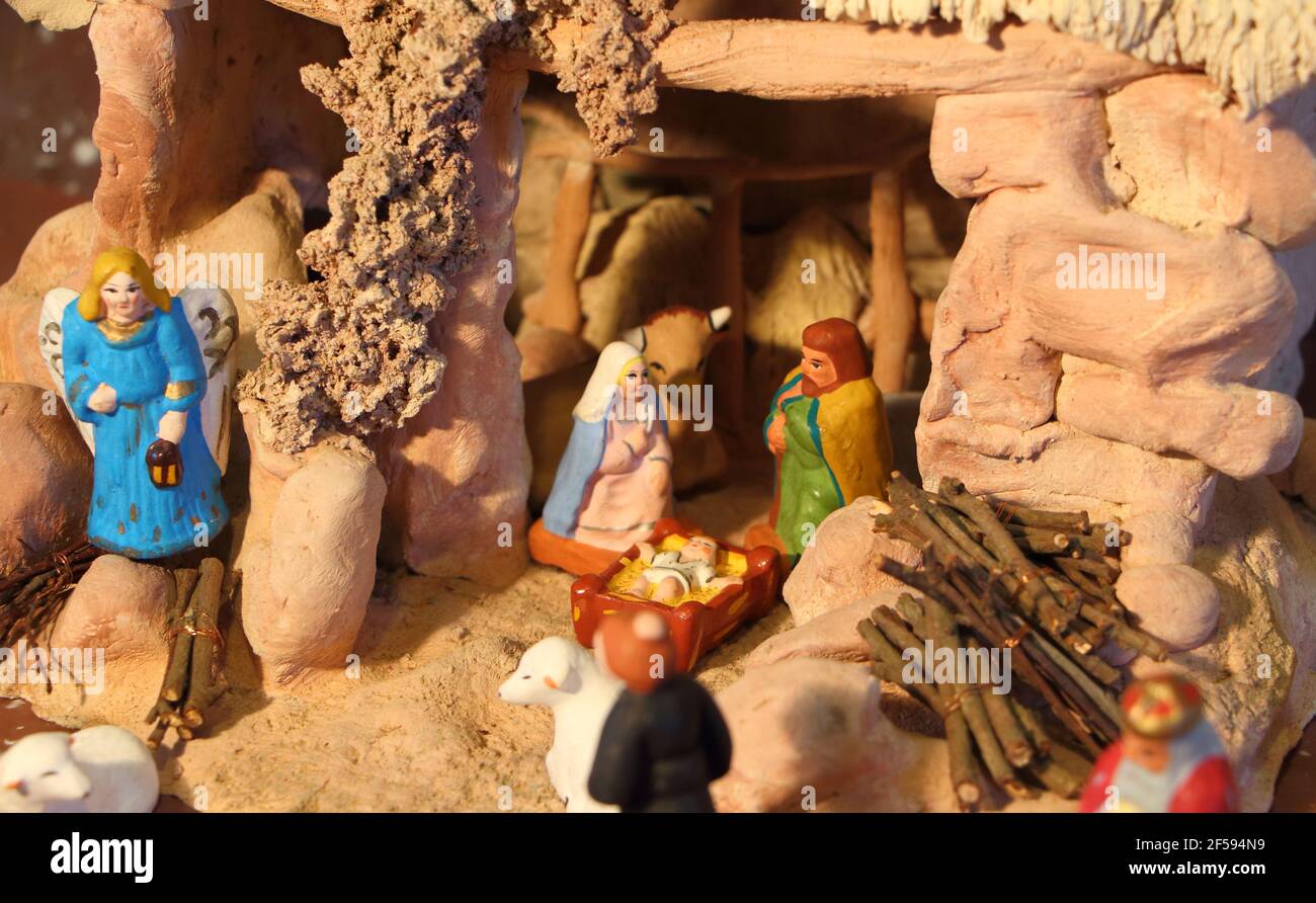 Nativity scene with provencal Christmas crib figures in terracotta ...