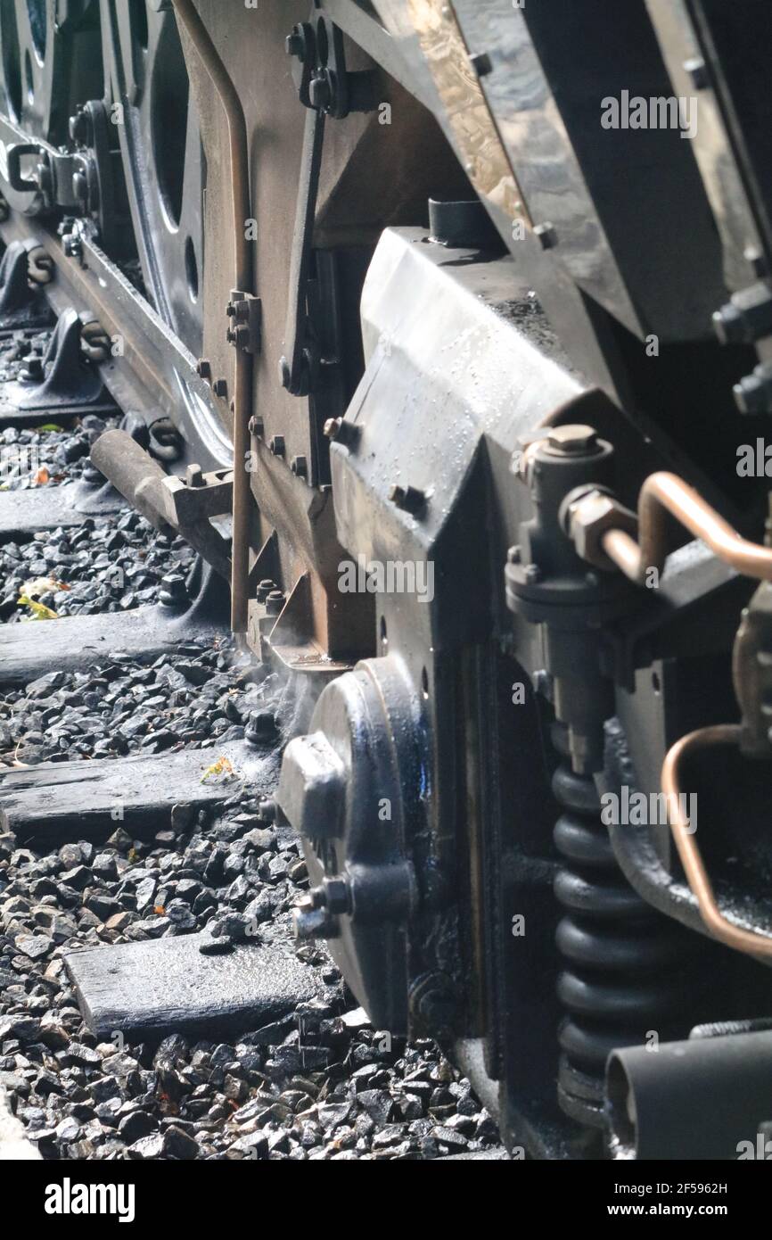 Train Track and Engine closeup, portrait view Stock Photo - Alamy