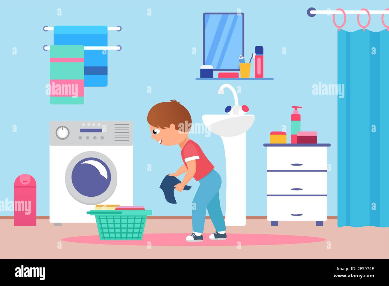 Children clean wash clothes on laundry day, happy boy kid holding dirty ...