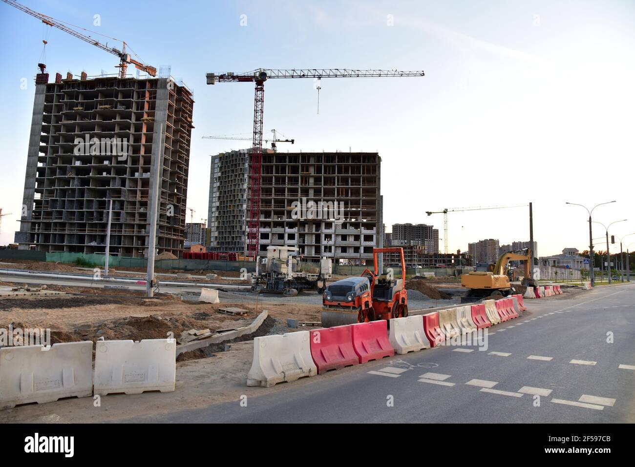 View on the large construction site with tower cranes and buildings on ...