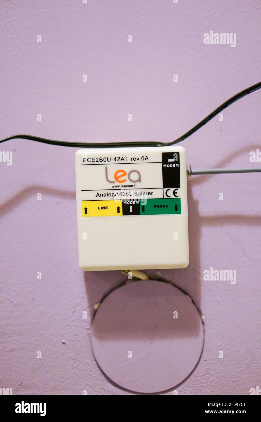 POZNAN, POLAND - Apr 05, 2016: Lea analog VDSL splitter on pink wall ...