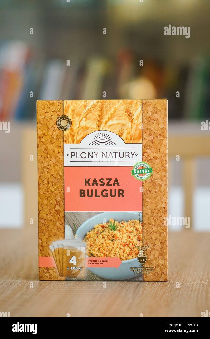 POZNAN, POLAND - Apr 01, 2016: Polish Plony Natury Kasza Bulgur ...