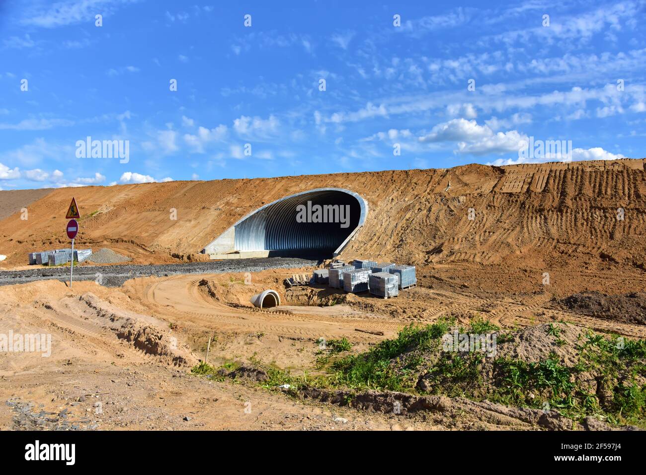 Roundabout and traffic bridge construction. Construction highway ramps ...