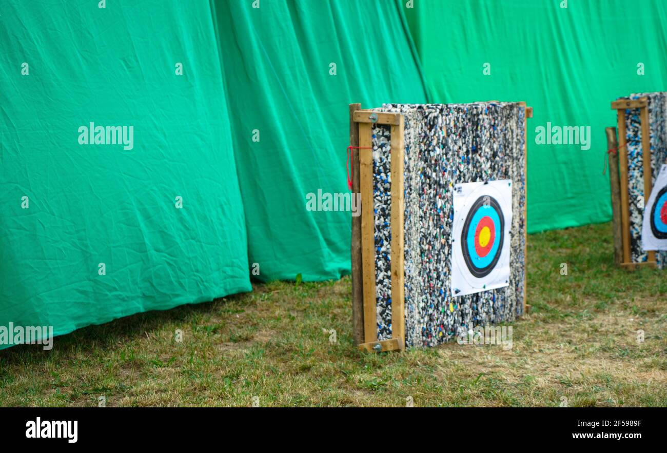 Side view of a shooting target placed on grass before the game with ...