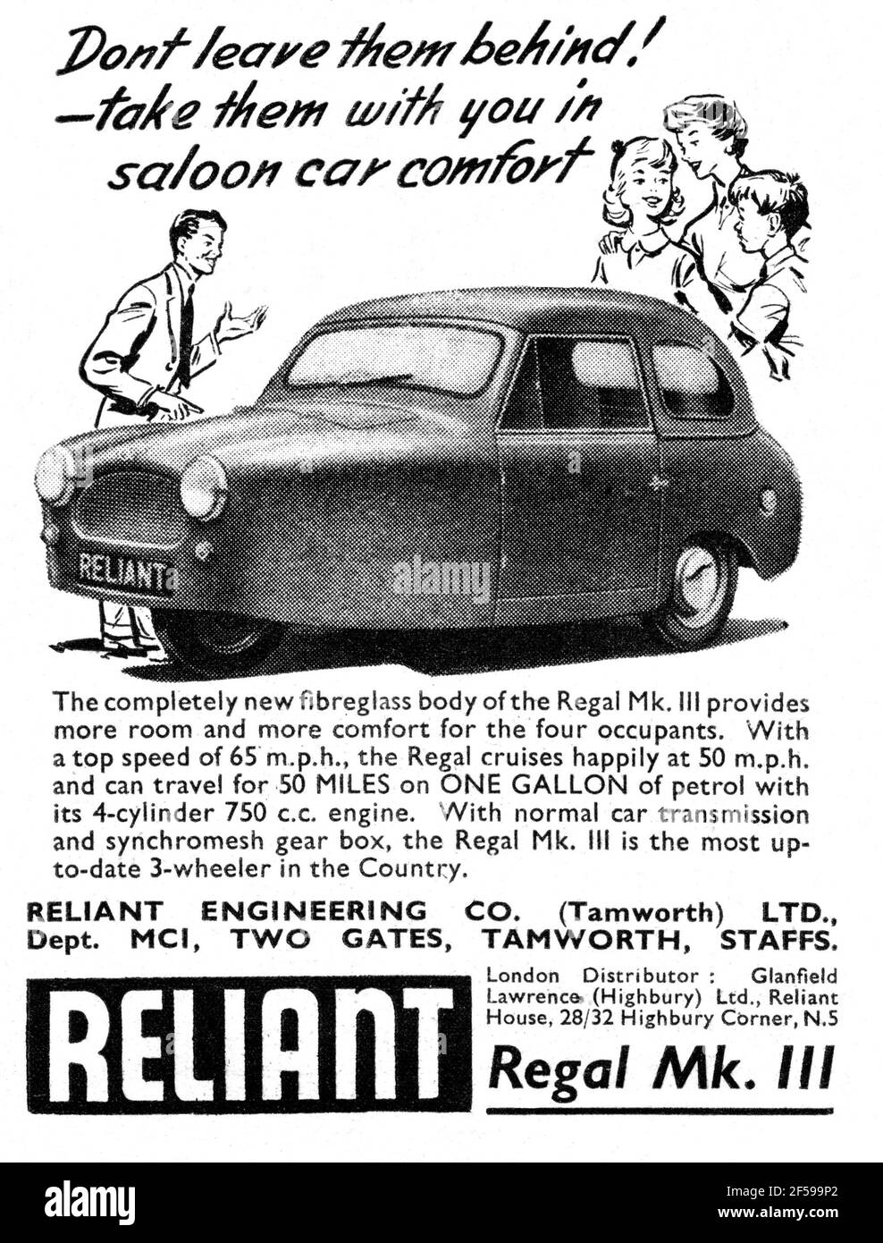 A vintage advert for the Mark III Reliant Regal from 1956 Stock Photo ...