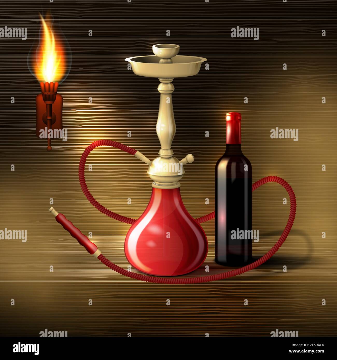 Realistic hookah with a bottle of wine on a wooden background with a ...