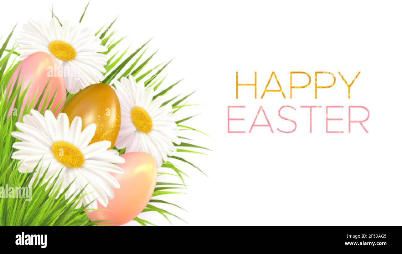 Easter background with eggs and daisies and dandelions. Template for ...