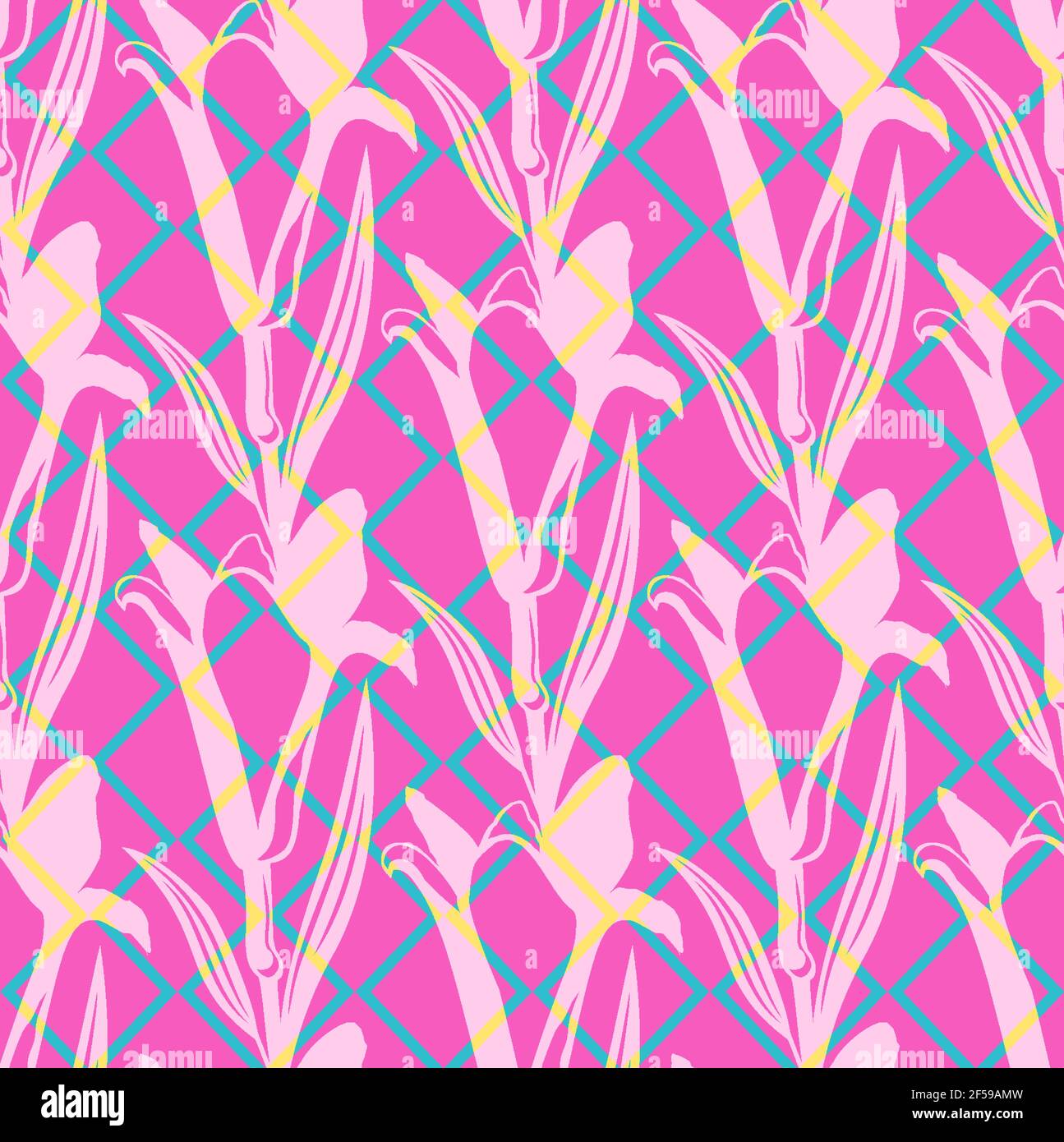 Pink blue lily pattern. Seamless yellow geometry flower pattern. Vector ...