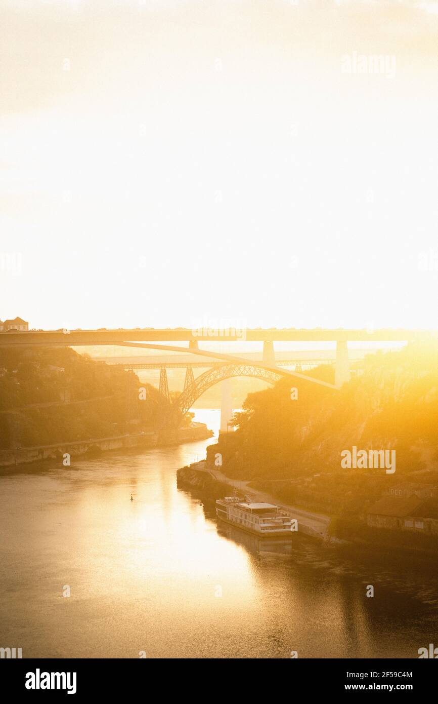 Amazing bright sunrise over on River Douro in Porto, Portugal Stock ...