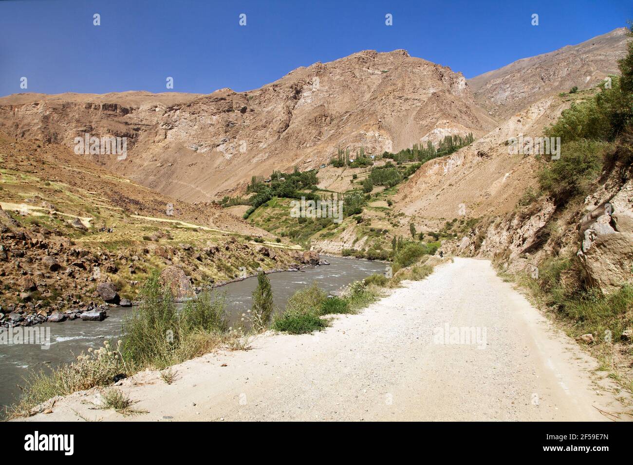 Pamir highway M41 international road or pamirskij trakt. Panj river and ...