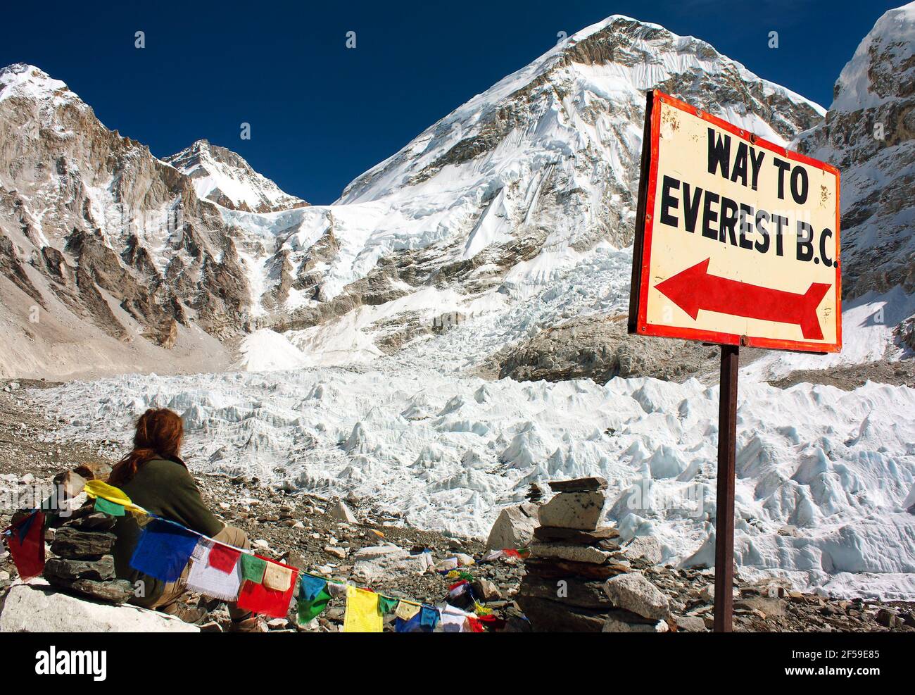 signpost way to mount everest b.c., Khumbu glacier man and prayer flags ...
