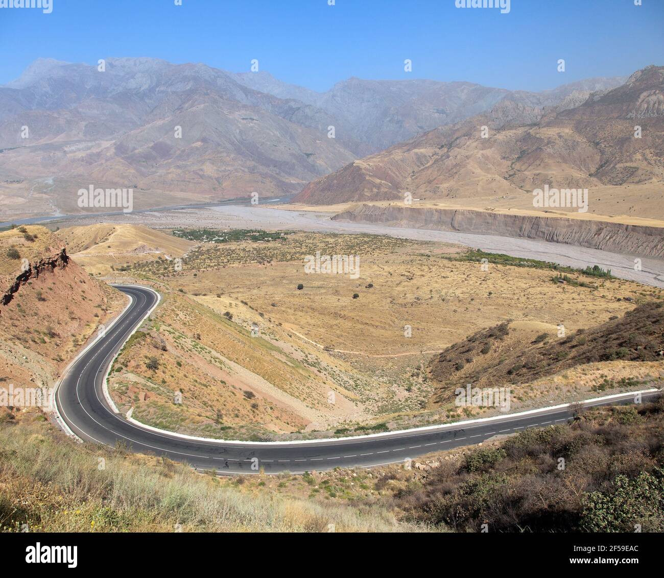 Pamir highway M41 international road or pamirskij trakt. Panj river and ...