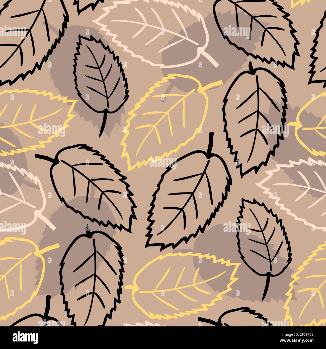 Elm leaf seamless vector pattern background. Hand drawn line art single ...