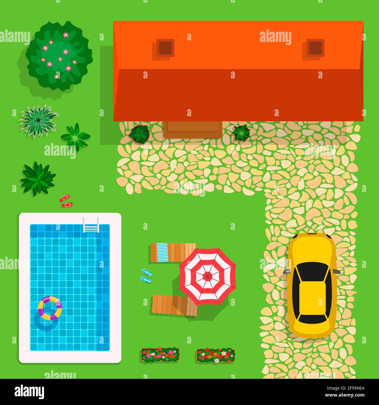 Top view of courtyard with house, lawn, car and pool. Cartoon flat ...