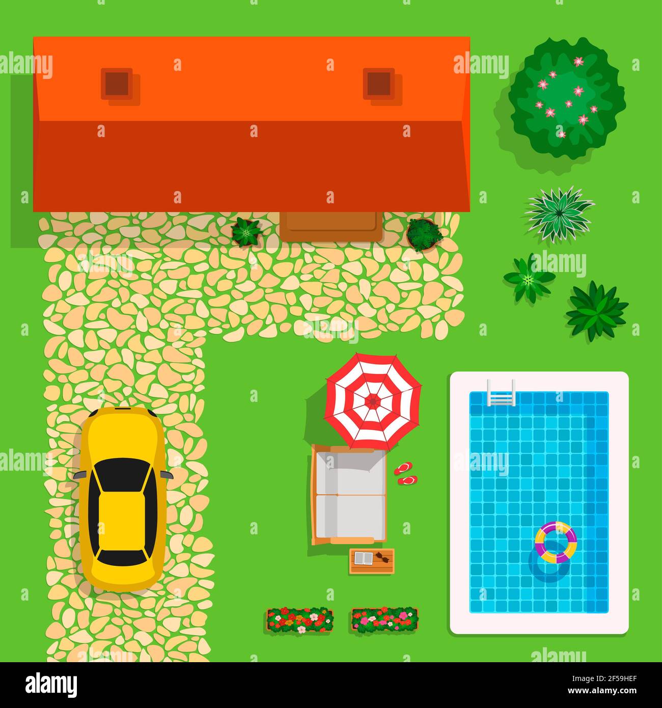 Top view of swimming pool, courtyard with house, lawn and car . Cartoon ...